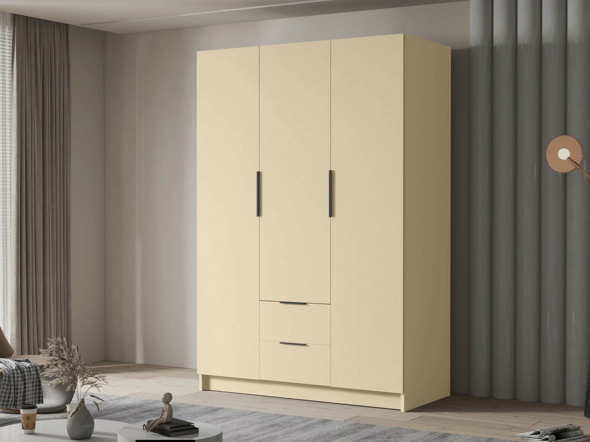 Распашной трехсекционный шкаф Эмма с 2 ящиками, c черными ручками Бежевый 2077 PE NEW 170*50*260 см Фиеста