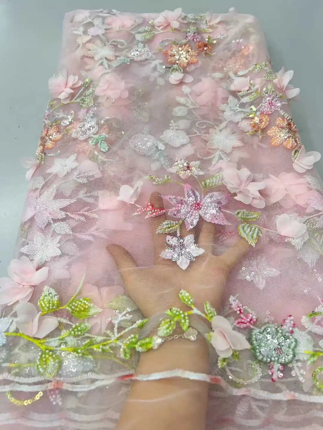 Африканская кружевная тюлевая ткань с 3D цветочными аппликациями SZ1273 Розовый, Color6