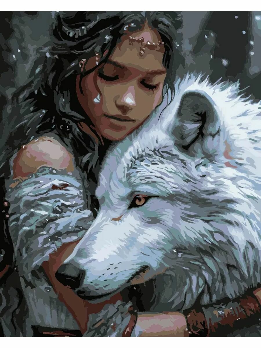 Картина по номерам Девушка с волком на деревянном подрамнике 40х50 см, кисти, краски, лак