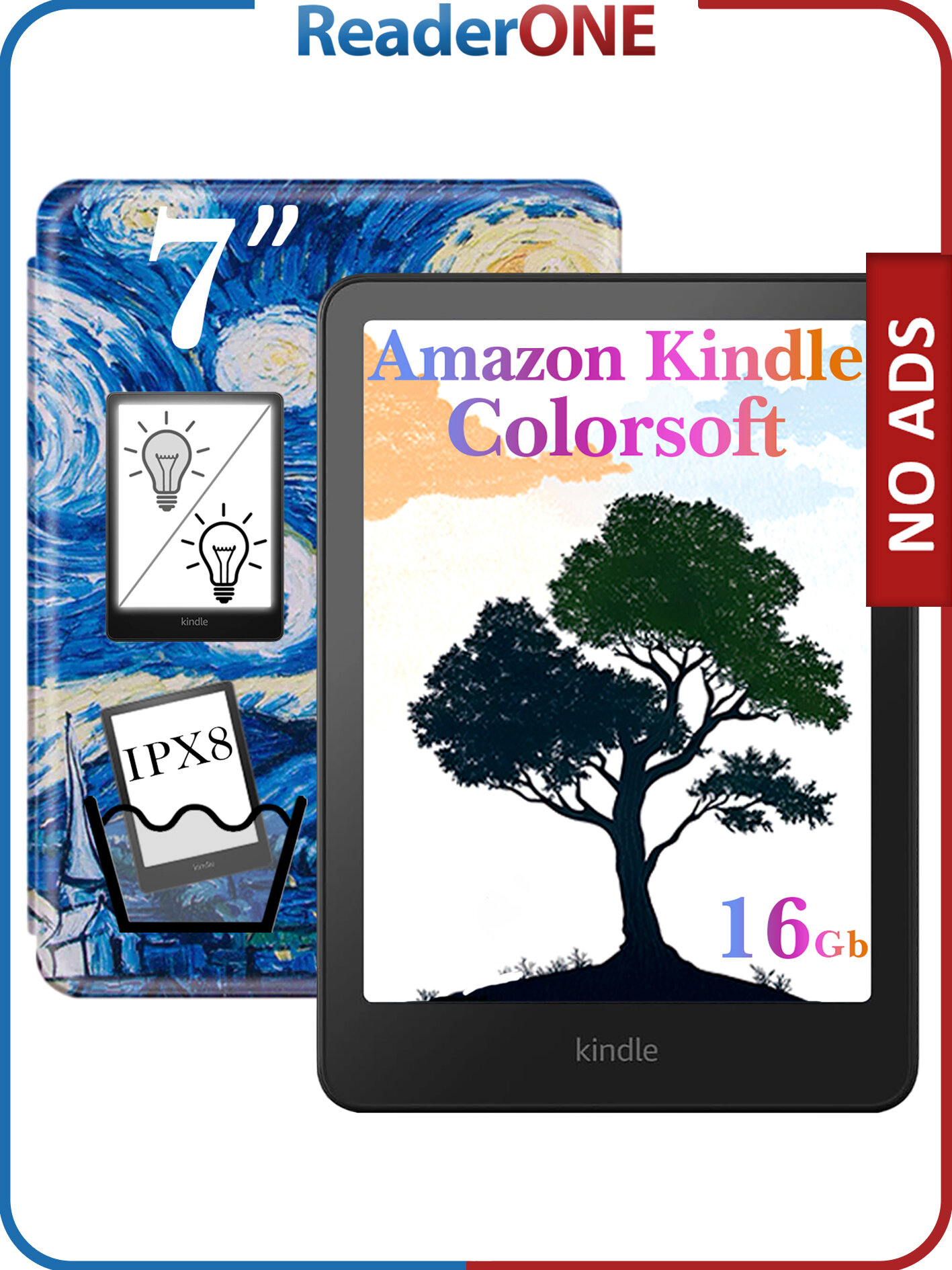 Электронная книга Amazon Kindle Colorsoft, 16Gb, 7 дюймов, E Ink Kaleido 3, черный с обложкой ReaderONE Van Gogh
