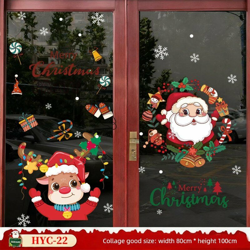 Новогодние стеклянные наклейки, статические наклейки, наклейки на окна с изображением Деда Мороза и елки, оформление