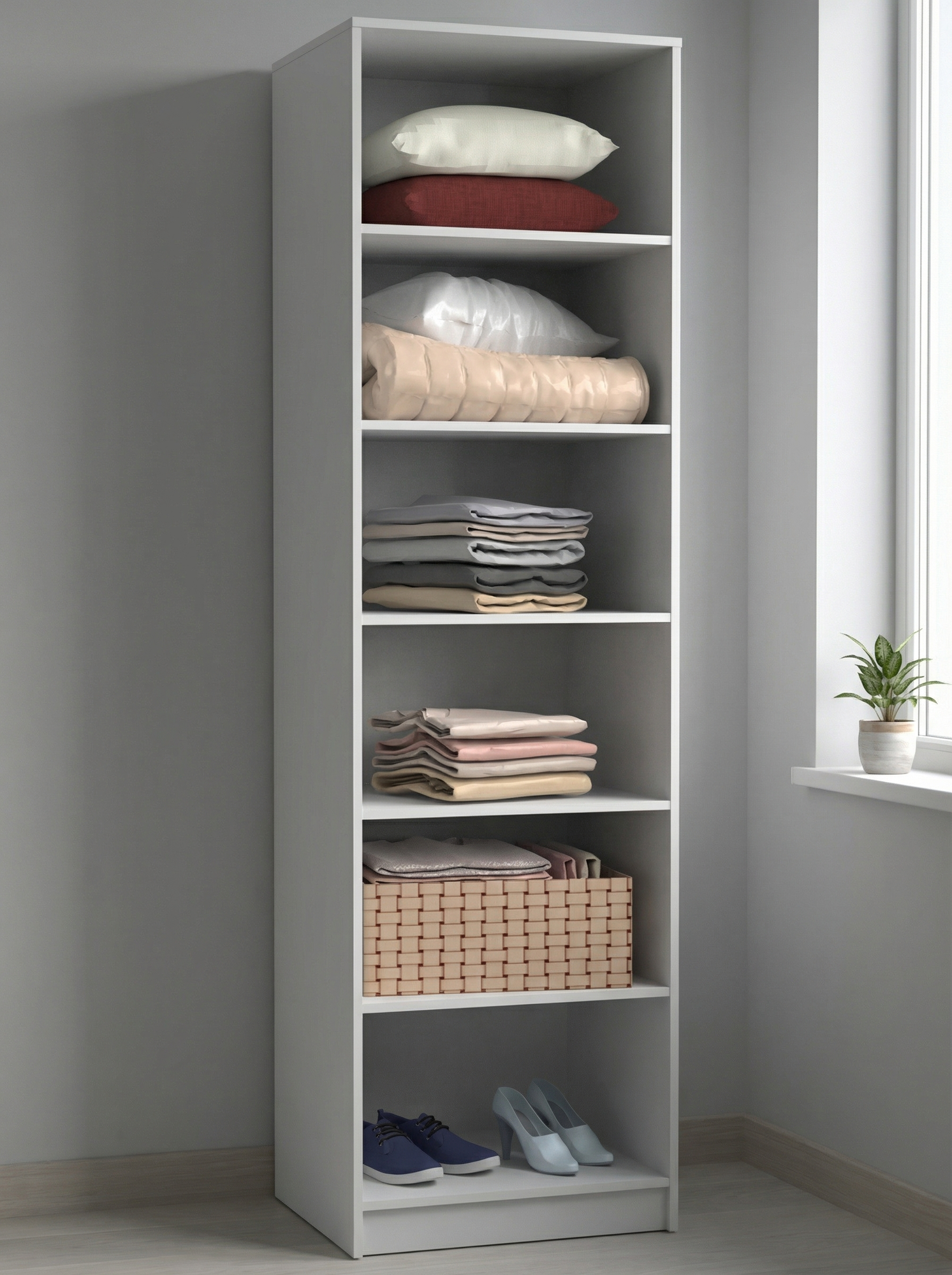 Открытый гардеробный шкаф-пенал Макс-1 с 6 полками, ШхГхВ: 60х50х210 см, белый