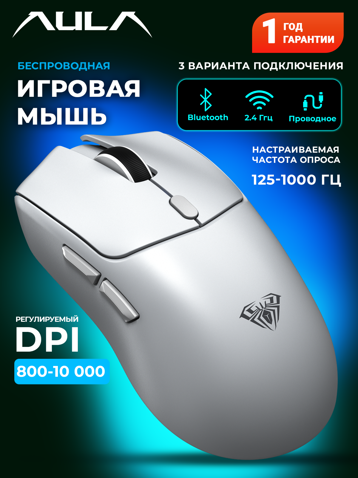 Беспроводная мышь AULA SC580X white, варианты подключения: проводное, Bluetooth, 2.4 Гц