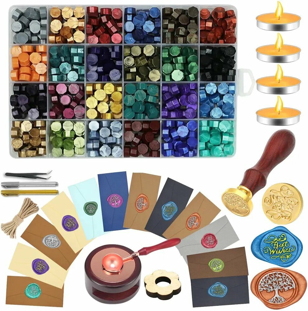 Подарочный набор всё для Сургучной печати , 600 гранул,24 цвета, 2 Штамп, 4 свечи, ложка для плавки, 2 маркеры, сургучница