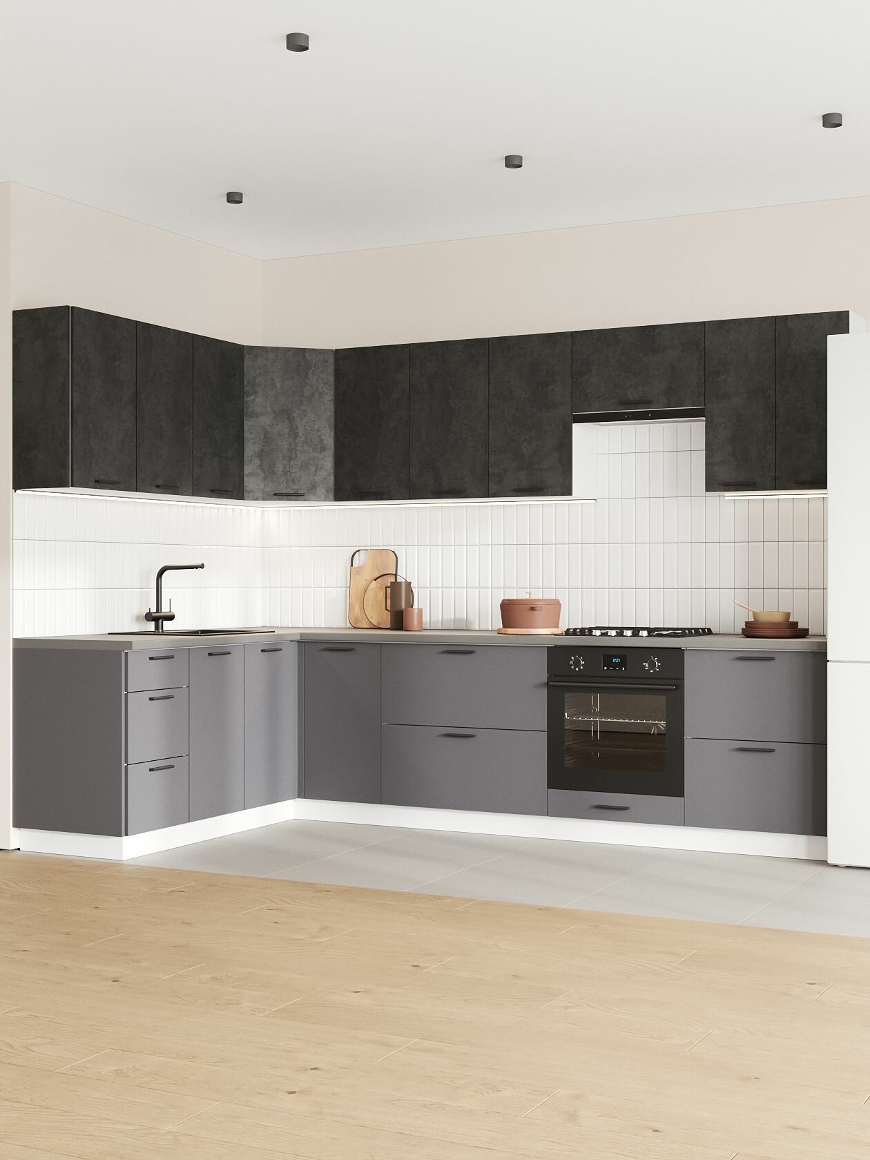 Кухонный гарнитур угловой Урбан 3х1.8 м, мебель для дома и кухни, Белый / Цемент темный / Графит серый