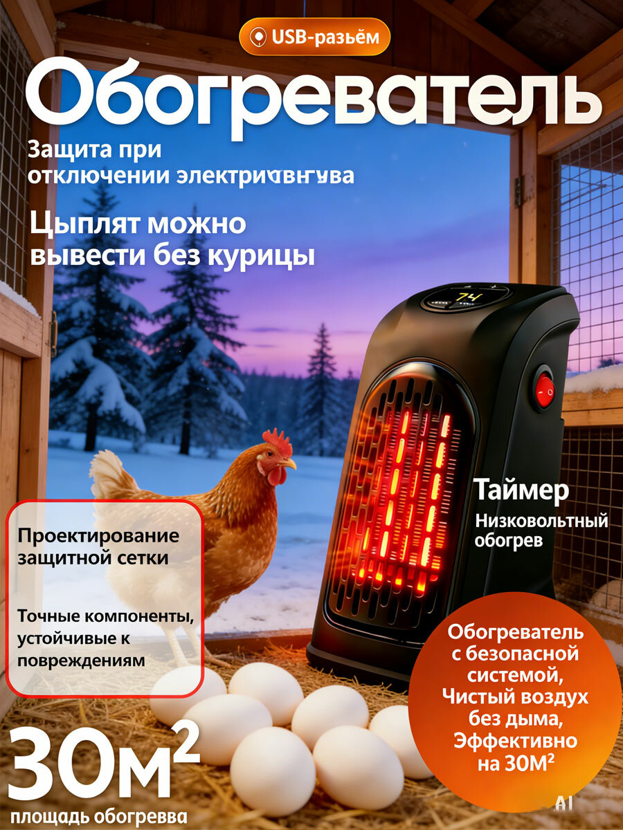 Лампа тепловентилятор Е27 светодиодная для обогрева кур, щенков, цыплят, свиней, курятника, брудера