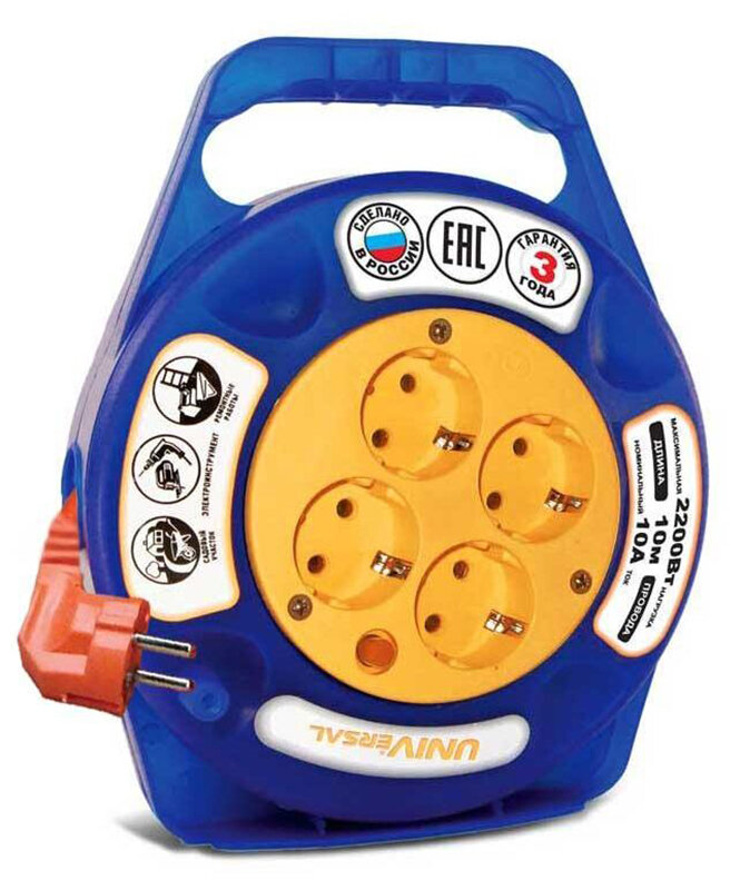 Удлинитель в закрытом корпусе Универсал 4х10м, с заземлением, 6А, IP20, У10-015, ПВС 3х0.75, термозащита, защитные шторки, 1671