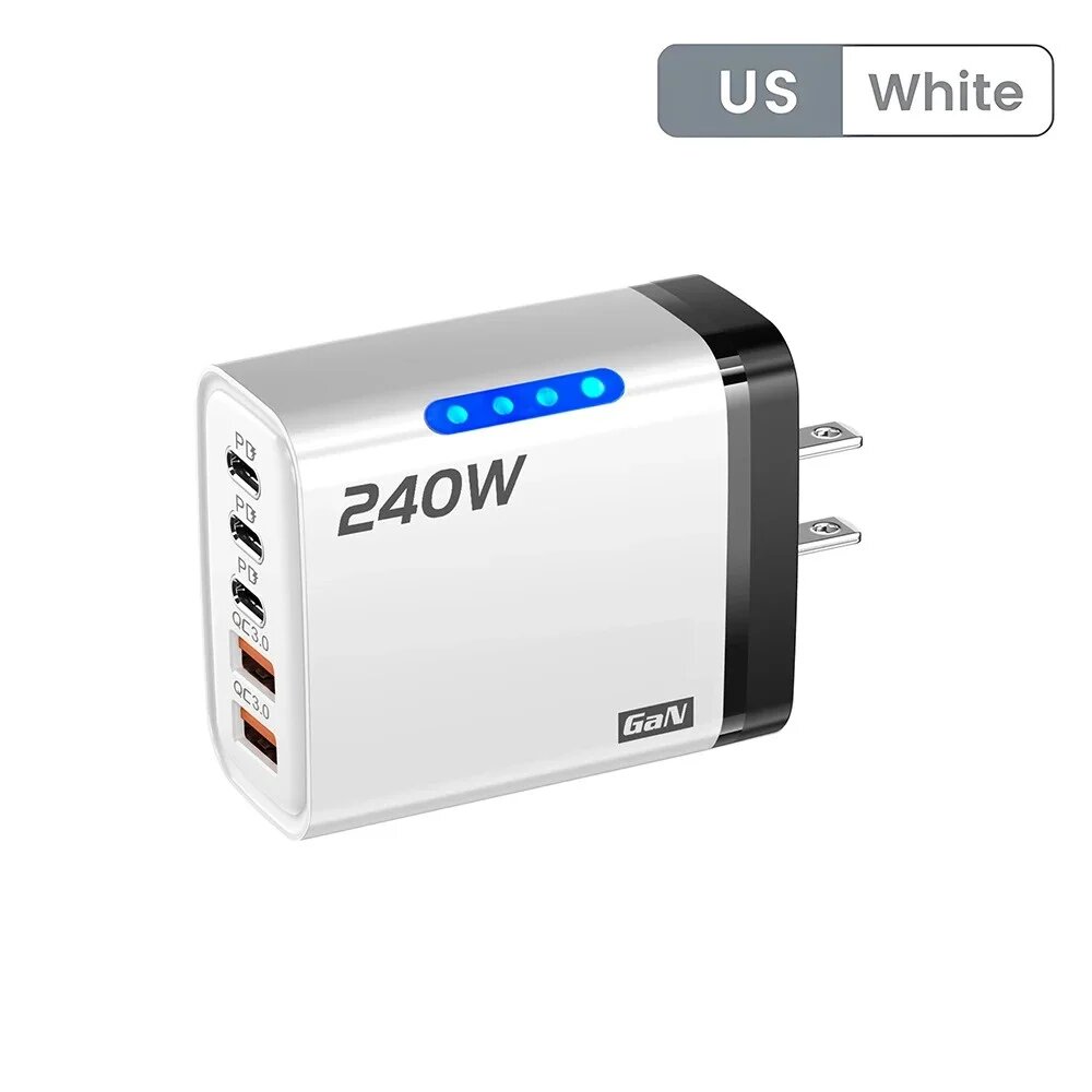 Зарядное Устройство USB-C PD 240W С 5 Портами, Быстрая Зарядка 3.0, Адаптер Для Белый, US white