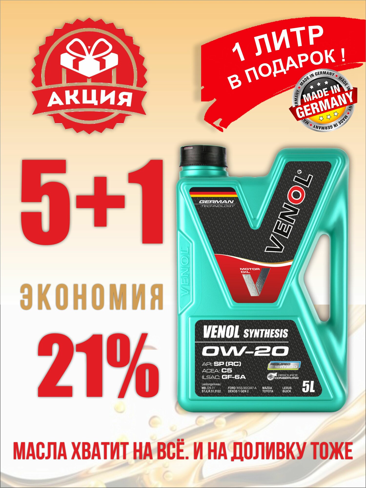 Моторное масло 0W20 SP (RC) C5 GF-6A SYNTHESIS, 6л (5+1)
