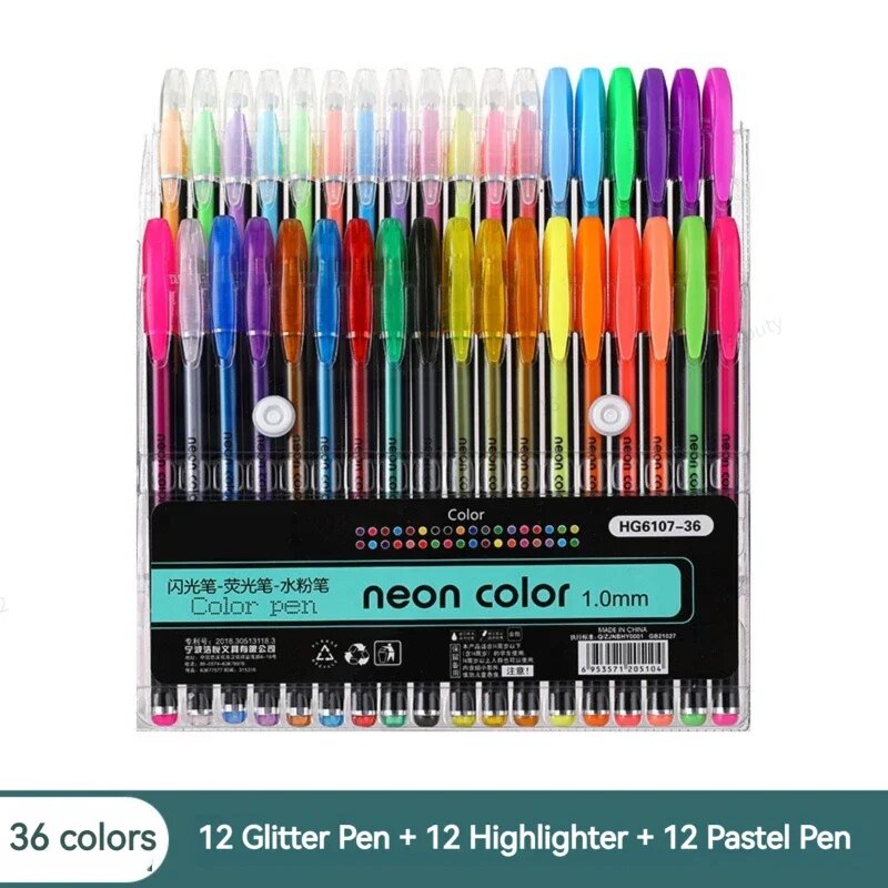 Гелевые ручки Neon Color 36 цветов, 12 Glitter + 12 Highlighter + 12 Pastel
