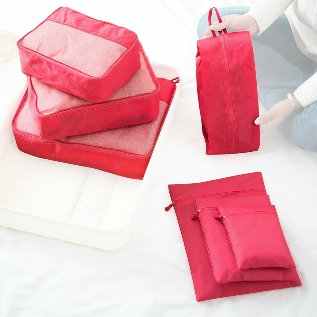 7pcs Набор сумок для упорядочивания вещей в путешествии, сумок для одежды и обуви в чемодане, портативных органайзеров для багажа, полиэстер, темно-зеленый, темно-синий, розово-красный, голубой, серый