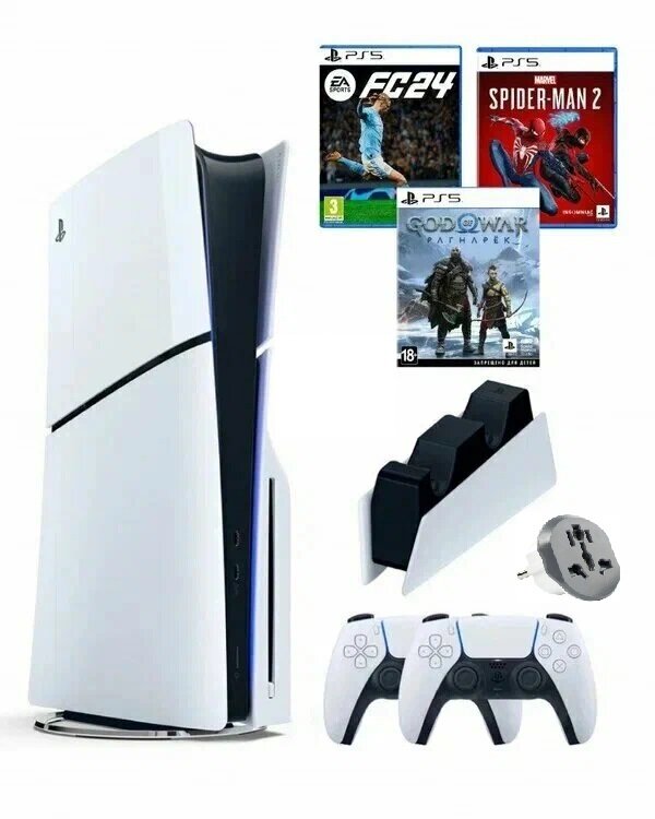 PS5 (ПС5) Sony Playstation 5 slim 1 Tb+2-ой геймпад(белый)+зарядное+God of War+Spider Man2+FC24