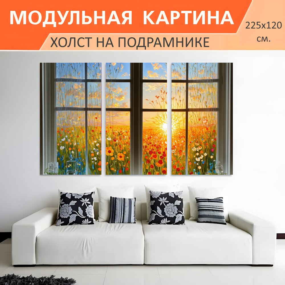 Модульная картина на холсте "За голландским окном виден закат из множества связанных цветов; это создает картину сплошной красоты." триптих на подрамнике 225х120 см. для интерьера