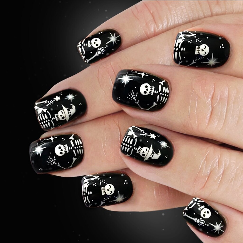 Хэллоуин нейл-арт темно-черный игривый белый череп, одетый в 24 предмета нейл-арта без инструментов