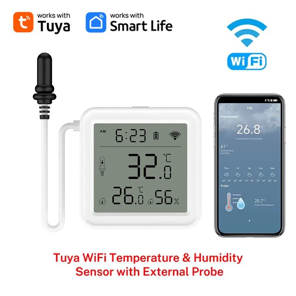 Умный Wi-Fi датчик температуры и влажности с внешним зондом и дисплеем