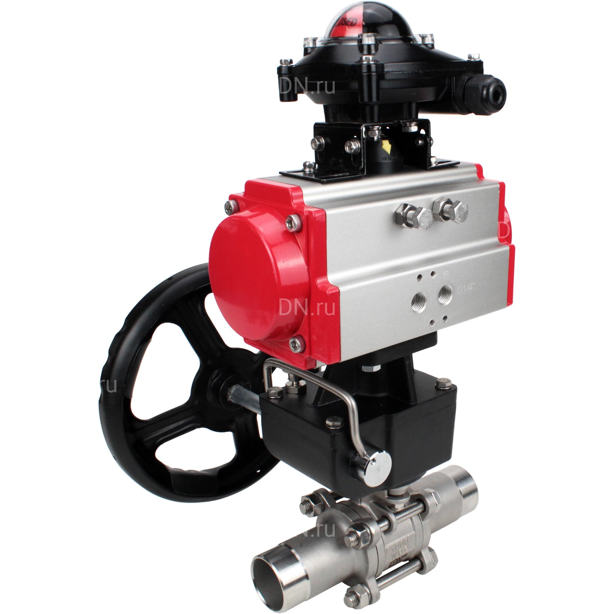 Кран шаровой DN.ru 316-316-PTFE-W-ISO-H Ду50 Ру40 полнопроходной, корпус - нержавеющая сталь 316, уплотнение - PTFE, под приварку, с пневмоприводом DN.ru DA-083, редуктором DN.ru HDM-2 и БКВ LSB-210-02NM12-220/24