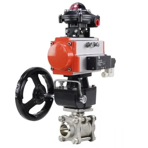 Кран шаровой DN.ru кшпп 316.200-ISO Ду20 Ру63, полнопроходной под приварку, нержавеющая сталь SS316, PTFE, с пневмоприводом DA-052 двойного действия, с пневмораспределителем PND2-S1EM-52-1NC-J08-24VDC, с БКВ LSB-210-02NM12-220/24, с ручным дублером HDM-1