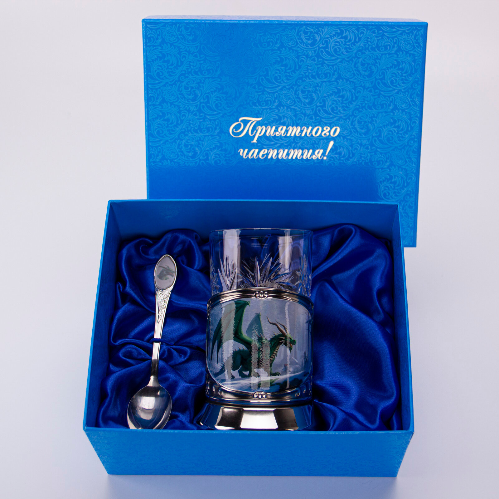 Набор для чая "Дракон" цветной, карт. футляр, хруст. стакан, никелированная латунь, термоперенос, ложка-нерж. термоперенос ПД-531/1У-л