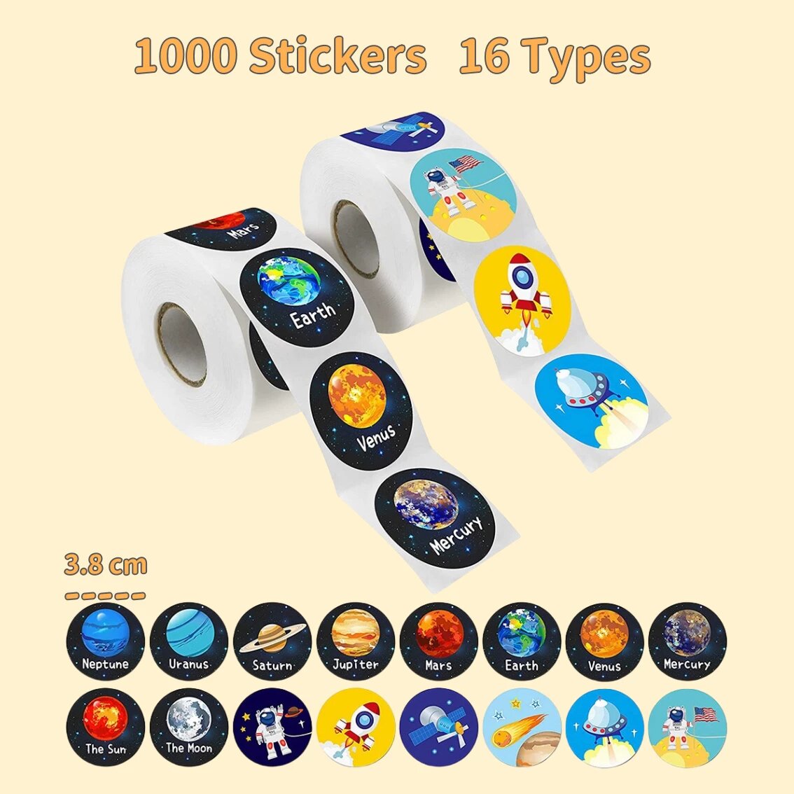 Набор из 16 дизайнов планетных наклеек 3.8 см для обучения детей Солнечной системы