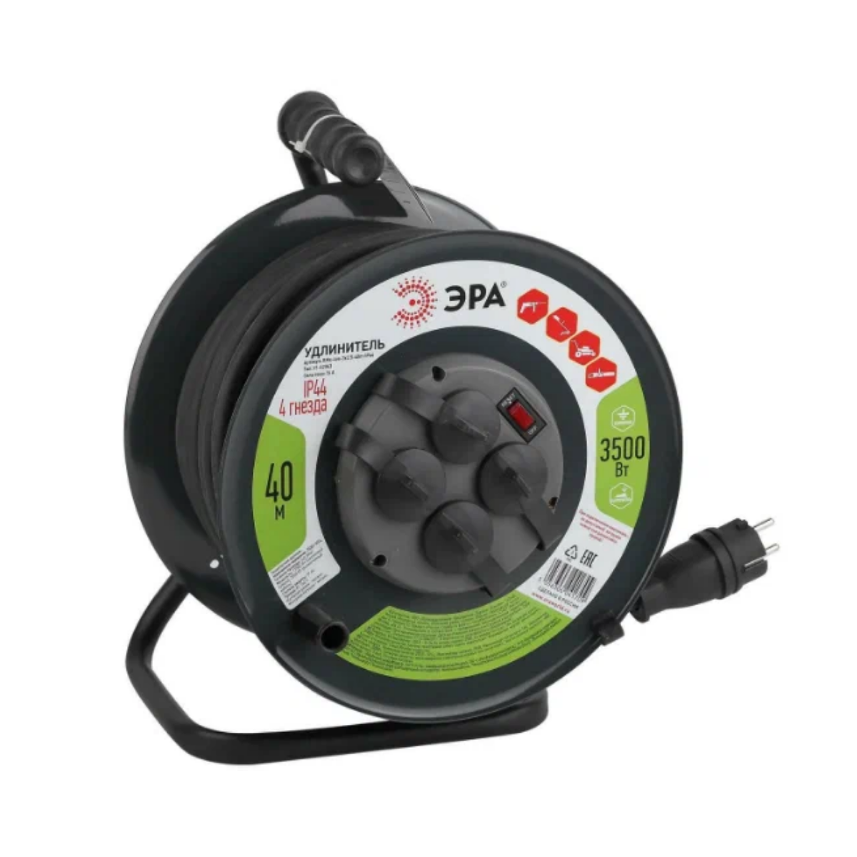 Удлинитель силовой на металлической катушке ЭРА RMx-4es-3x2.5-40m-IP44(KG) с заземлением, Б0043059, черный, 4 розетки