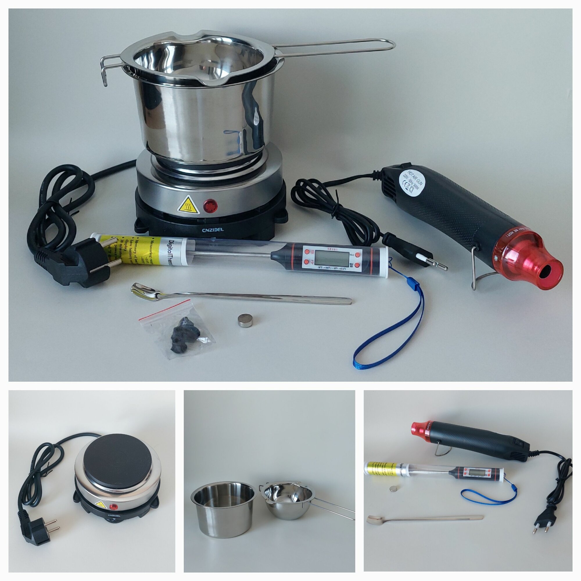 Набор для свечеварения, плавления воска, изготовления свечей, плитка электрическая настольная с кастрюлями, Воскоплав, ложка, и погружной термометр, фен