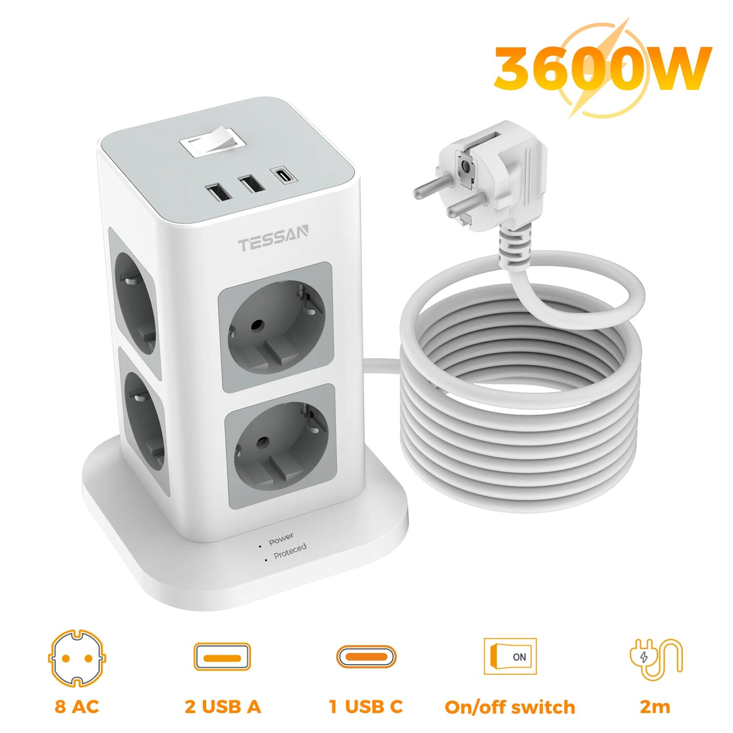 TESSAN TPS03-DE-C удлинитель 8 розеток с USB 2 м серого цвета 8 Outlet 2U1C