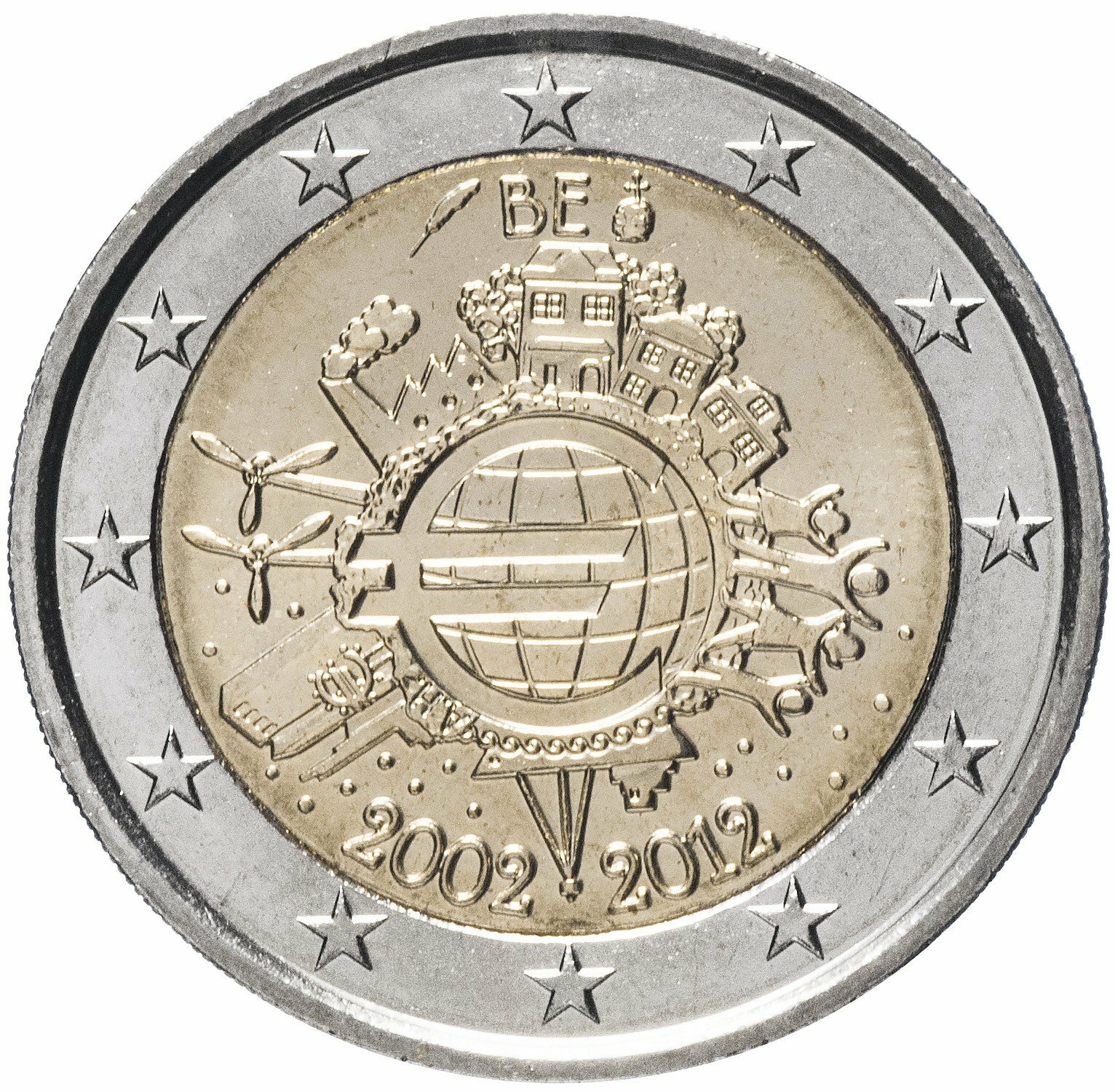 Бельгия 2 евро 2012 "10 лет евро", Биметалл, в сохранности UNC