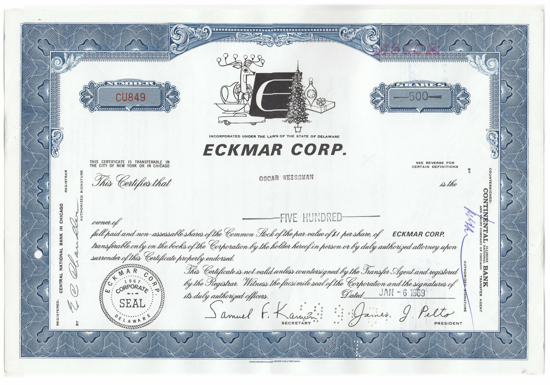 Акция США ECKMAR CORP DELAWARE 1969 г