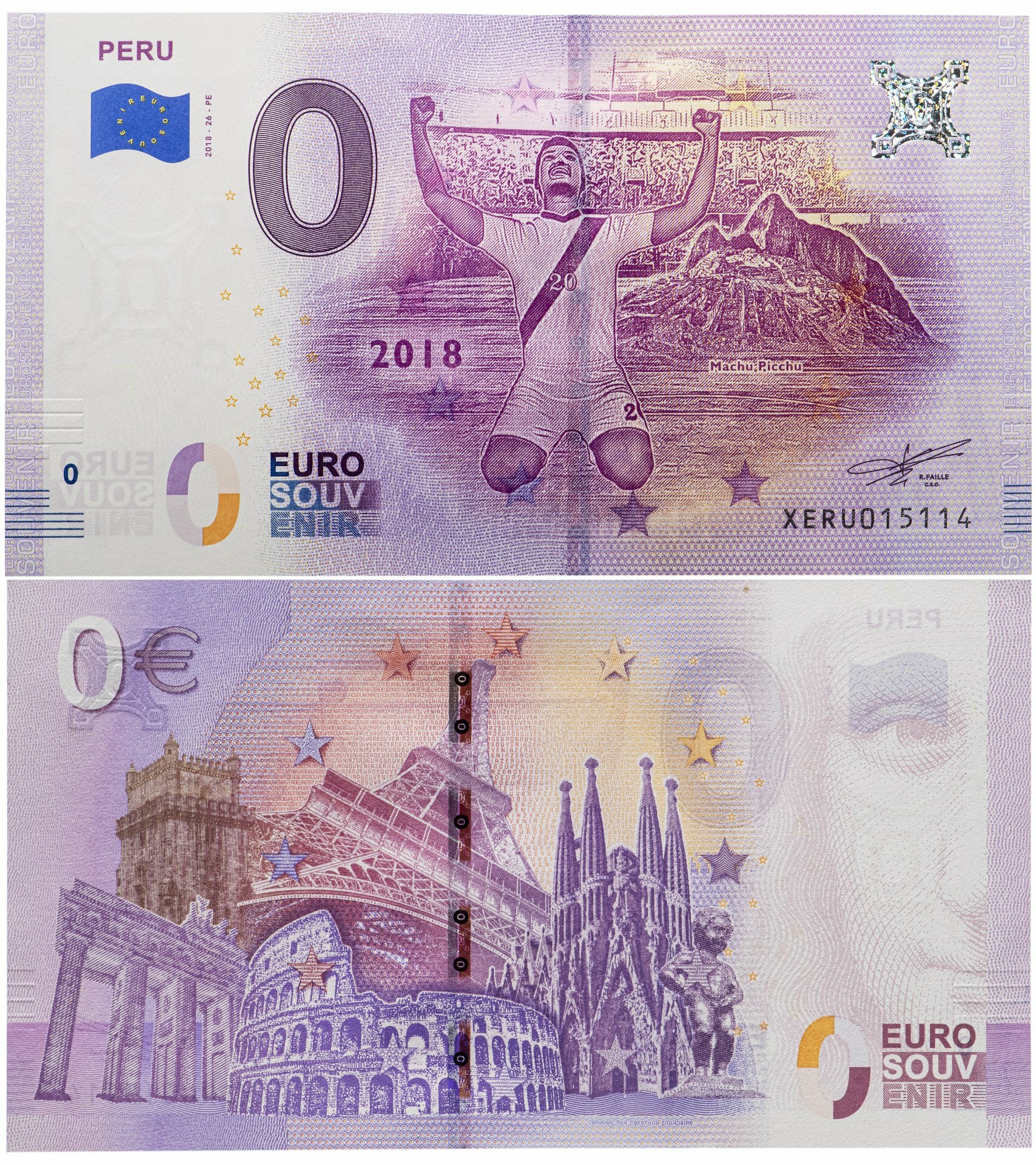 0 евро 2018 года - Чемпионат мира по футболу Страна - Перу в буклете с сертификатом UNC