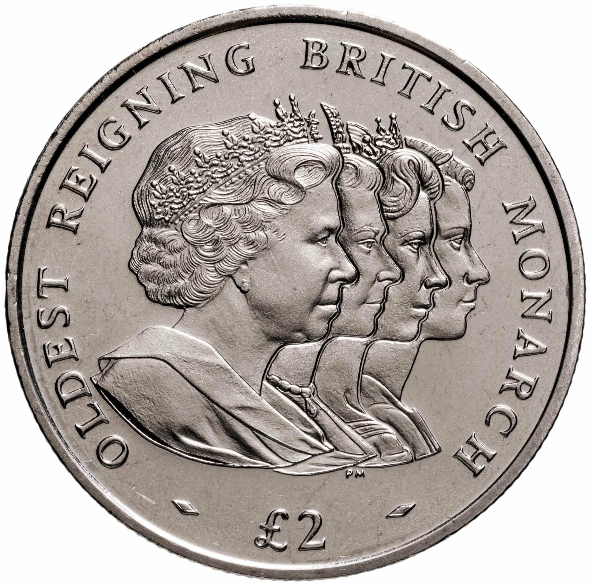 Южная Георгия и Южные Сандвичевы острова 2 фунта pounds 2008 "Старейший правящий монарх", Мельхиор медь-никель, в сохранности UNC