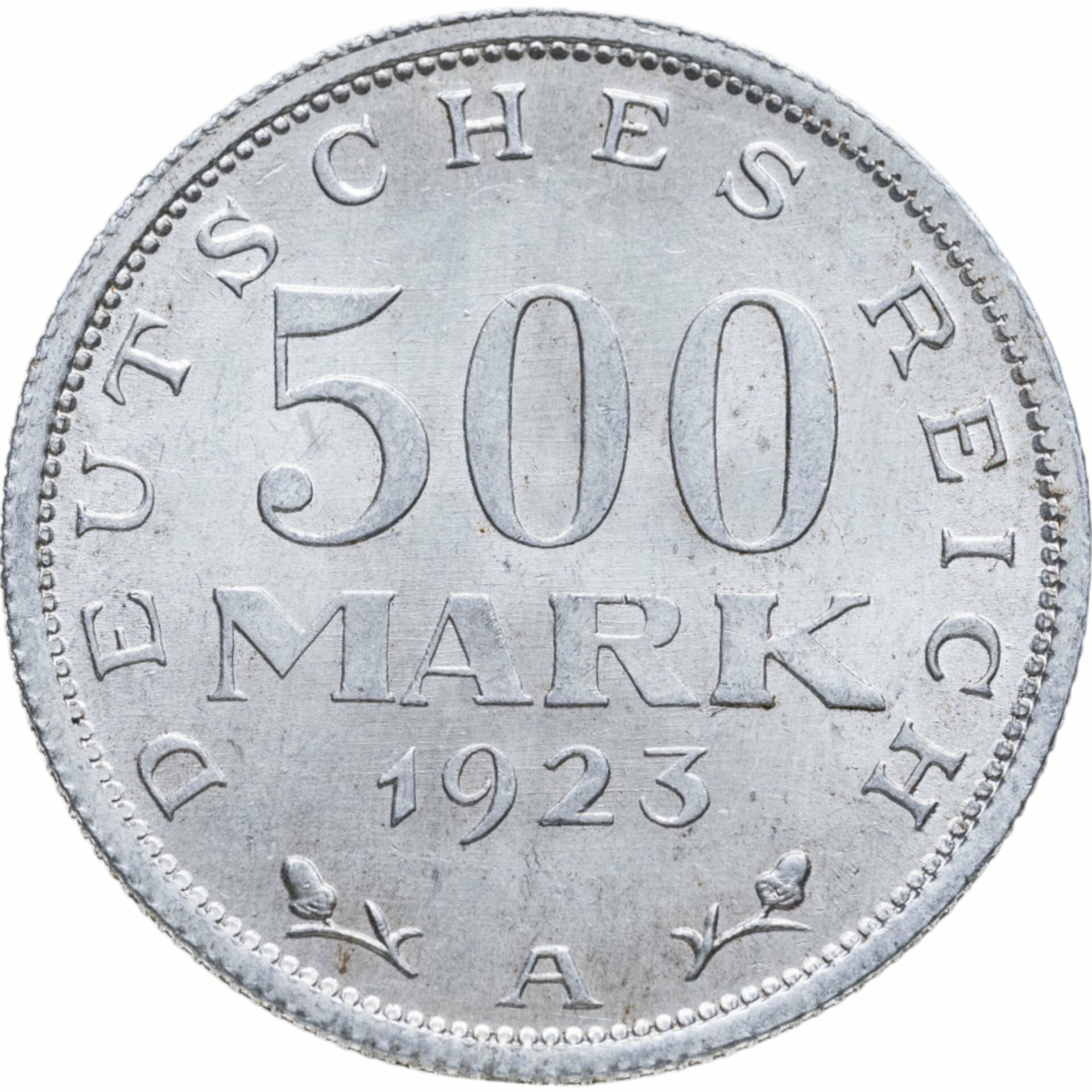 Германия 500 марок mark 1923, знак монетного двора "A" — Берлин, Алюминий, в сохранности UNC