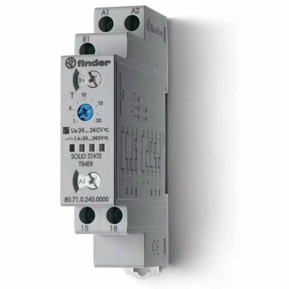 Таймер модульный FINDER 1 функция, питание 24-240 В AC/DC, 1 переключающий контакт, регулировка времени