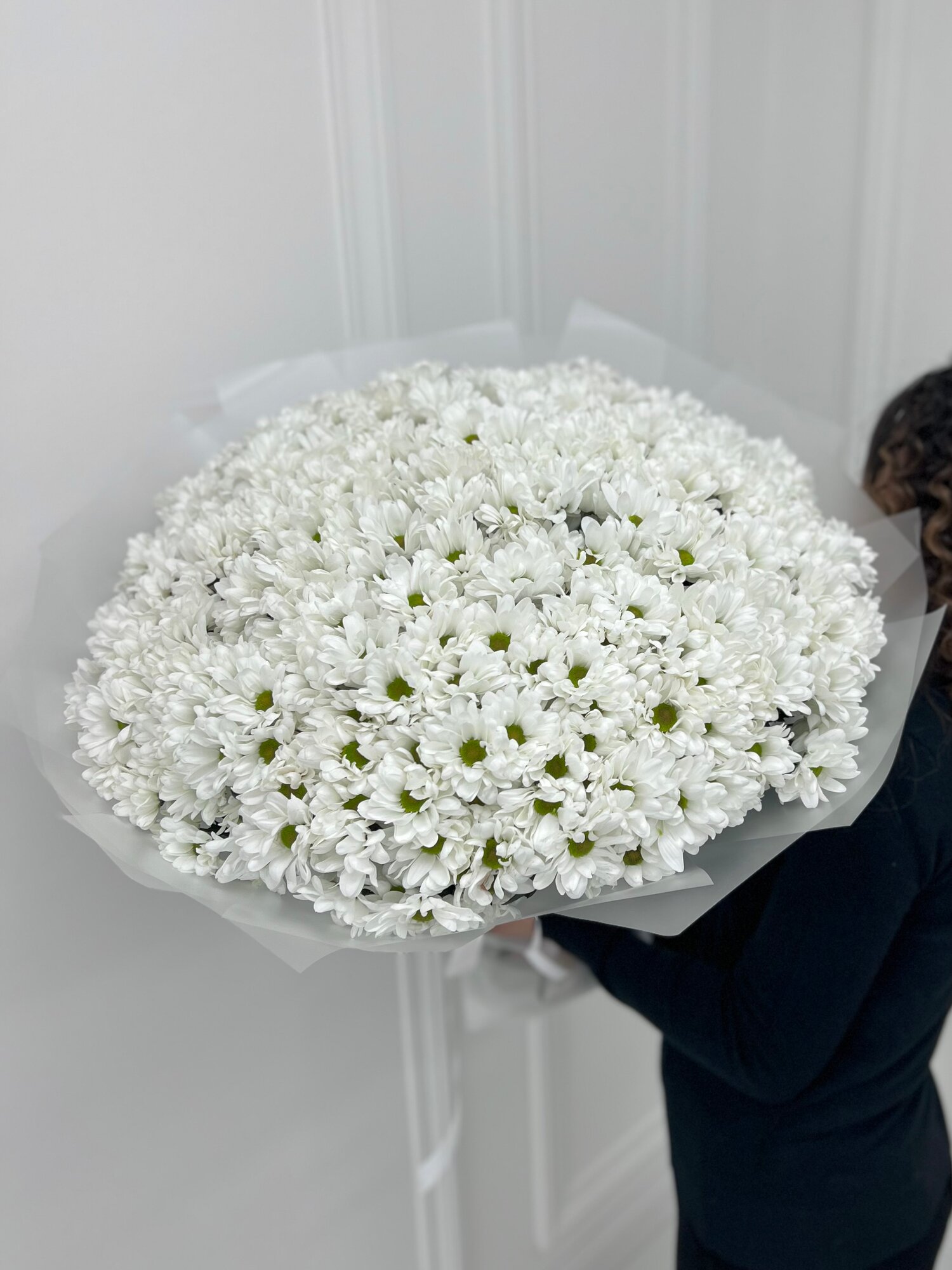 Гламелия цветы Белое Поле: монолитная композиция из 51 хризантемы – заказать с доставкой