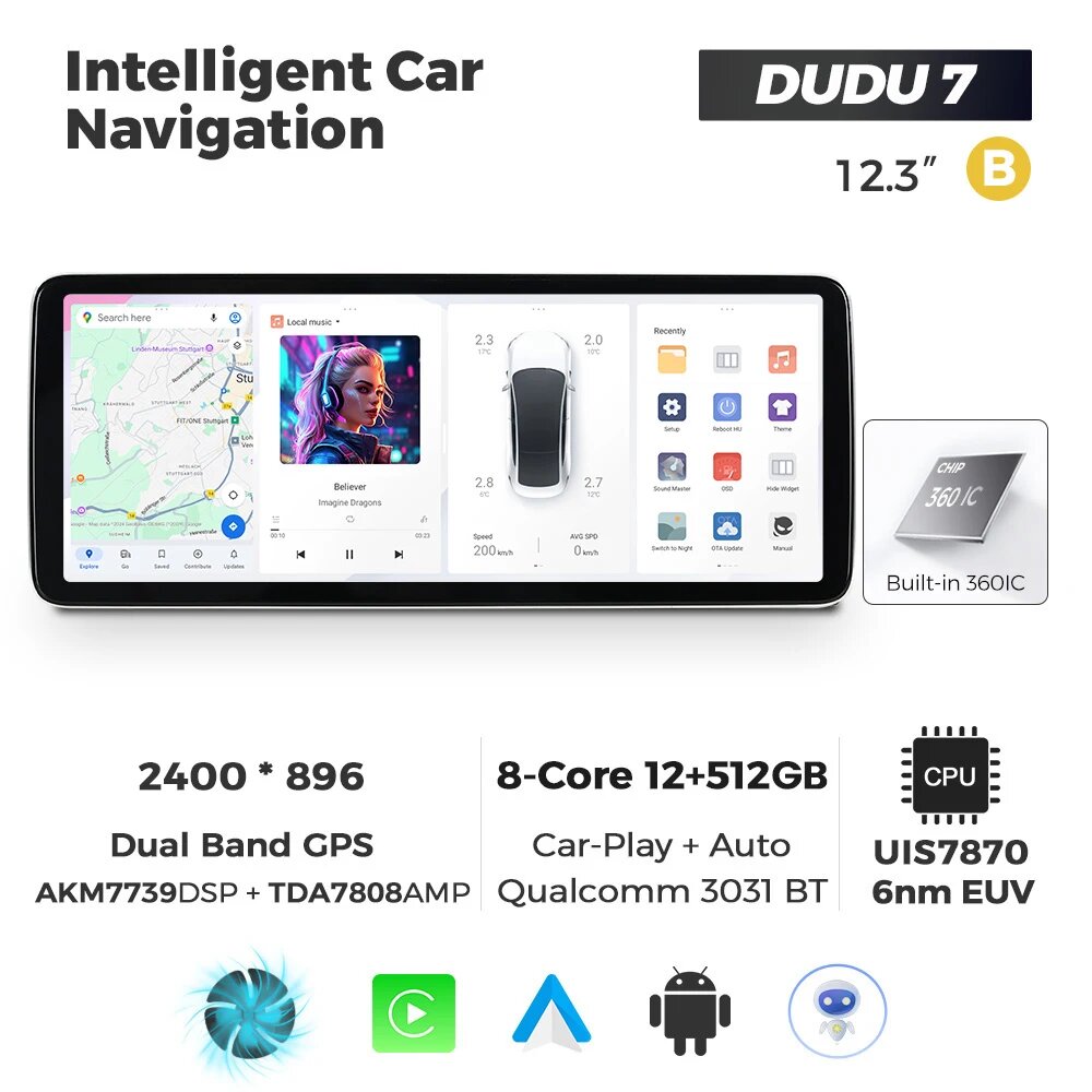 Автомагнитола DUDUAUTO DUDU7 с 12,3-дюймовым 2K HD экраном, поддержкой Carplay и DUDU7 12 512G B 2K