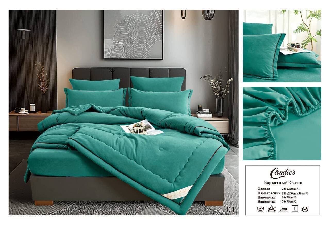 Комплект постельного белья евро с одеялом бархатный Сатин простынь на резинке с ушками