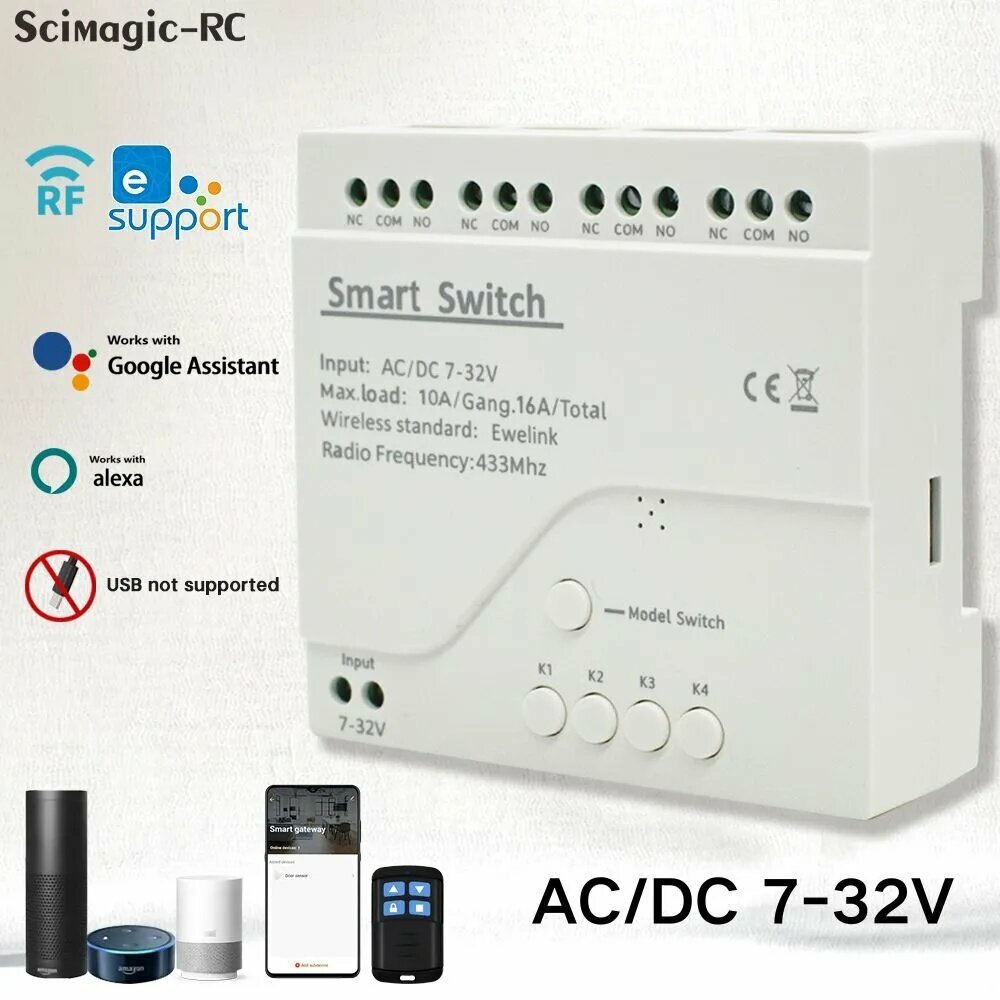 EWeLink 4-канальное Умное Wi-Fi реле переключателя Модуль (10A, 7-32V DC/AC) для умного дома