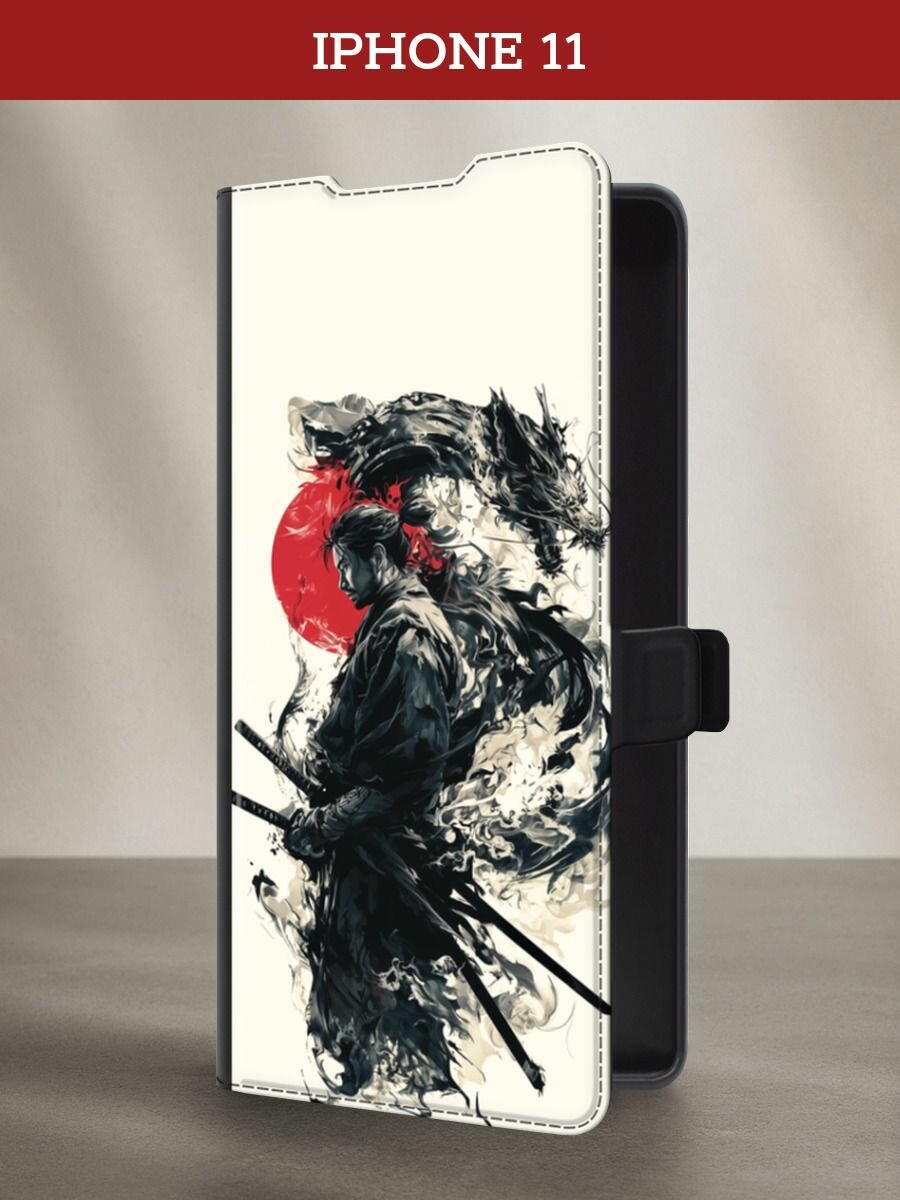 Чехол-книжка на Apple iPhone 11 / Айфон 11 с принтом Самурай и дракон, черный