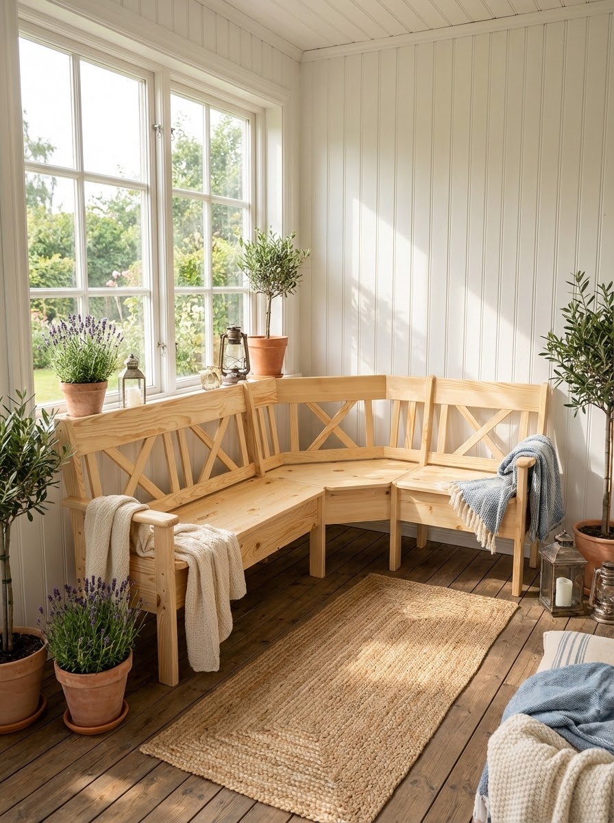 Скамья угловая с ящиком, спинкой "Вокко" 193x140x95см, массив сосны, бесцветный лак "Дом мебели из сосны" 21-501