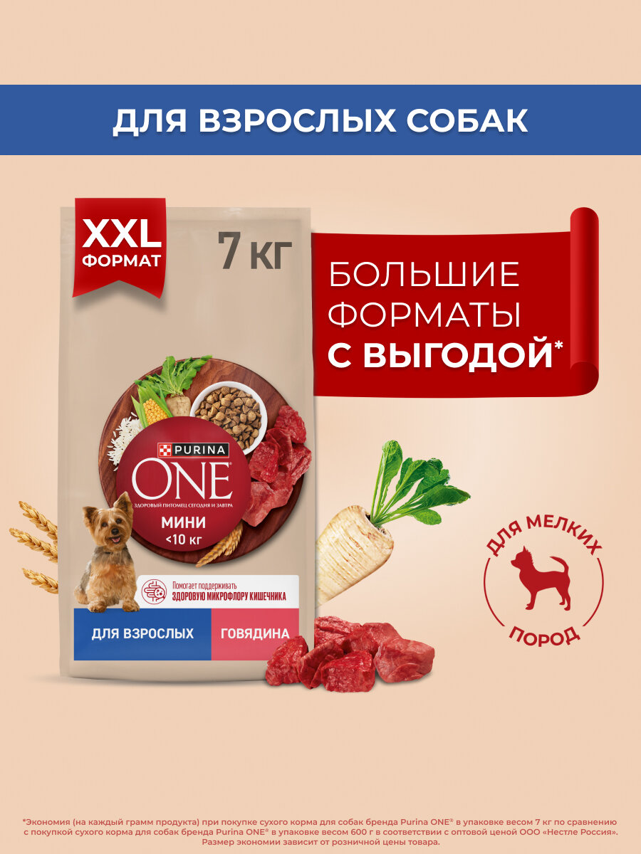 Сухой корм Purina ONE® мини для взрослых собак мелких пород с говядиной и с рисом, 7кг