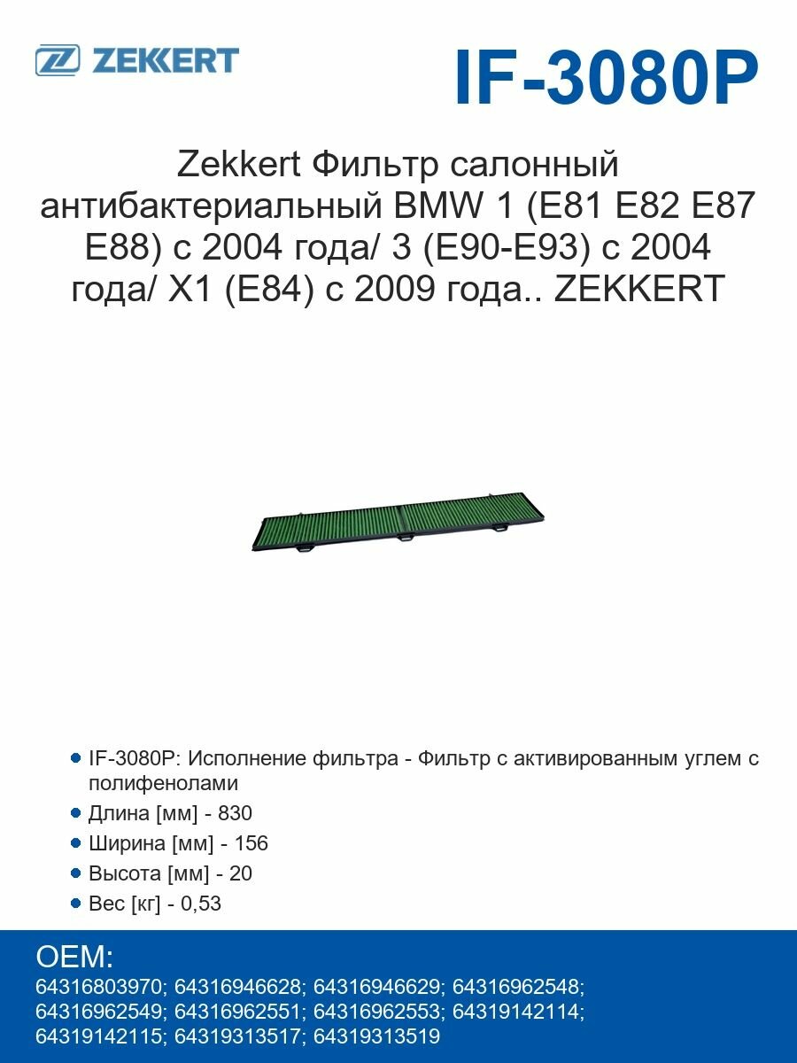 Zekkert Фильтр салонный антибактериальный BMW 1 (E81 E82 E87 E88) с 2004 года/ 3 (E90-E93) с 2004 года/ X1 (E84) с 2009 года. ZEKKERT