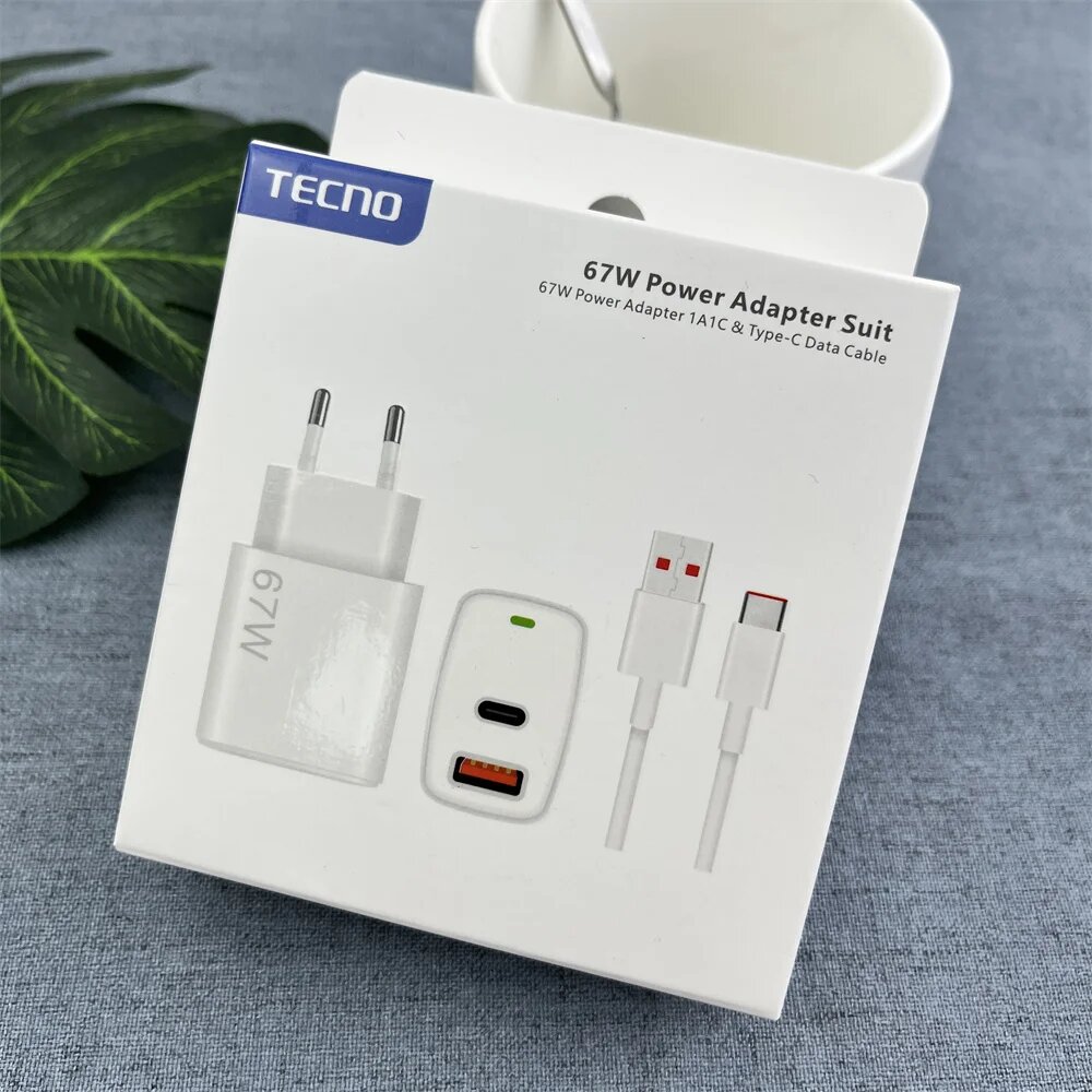 Двухпортовое зарядное устройство Tecno 67 Вт, адаптер питания USB A/C PD для быстрой зарядки, 6 А, кабель для передачи данных типа C для Tecno Spark 40 30 20 Pro+ Pova 7 EU SET