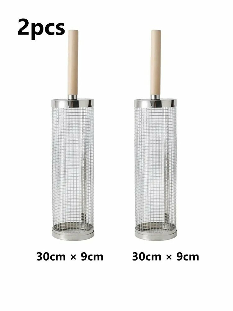 Решетка для барбекю 304 с деревянной ручкой 2шт(30cm+30cm) портативная вращающаяся гриль-клетка для пикника, из нержавеющей стали для пищевых продуктов, термостойкая, усиленная конструкция
