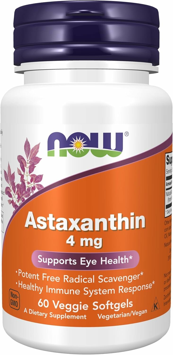 Астаксантин, 4мг NOW Astaxanthin,60 растительных капсул, Антиоксидант для глаз, для зрения, для мозга