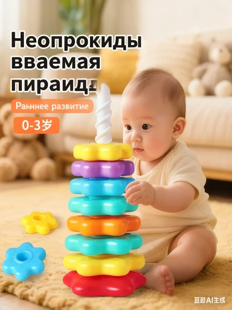 Пирамидка развивающая Радужная башня, 9 колец, сортер для малышей от 0 до 3 лет