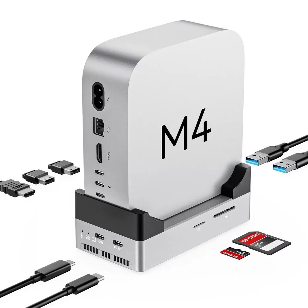 Док-станция ACASIS 8-в-1 для Mac Mini с корпусом для SSD, слот M.2 NVMe до 8 ТБ, 4K@60 Гц / 2K@144 Гц, TF/SD, для Mac Mini M4 / M4 Pro
