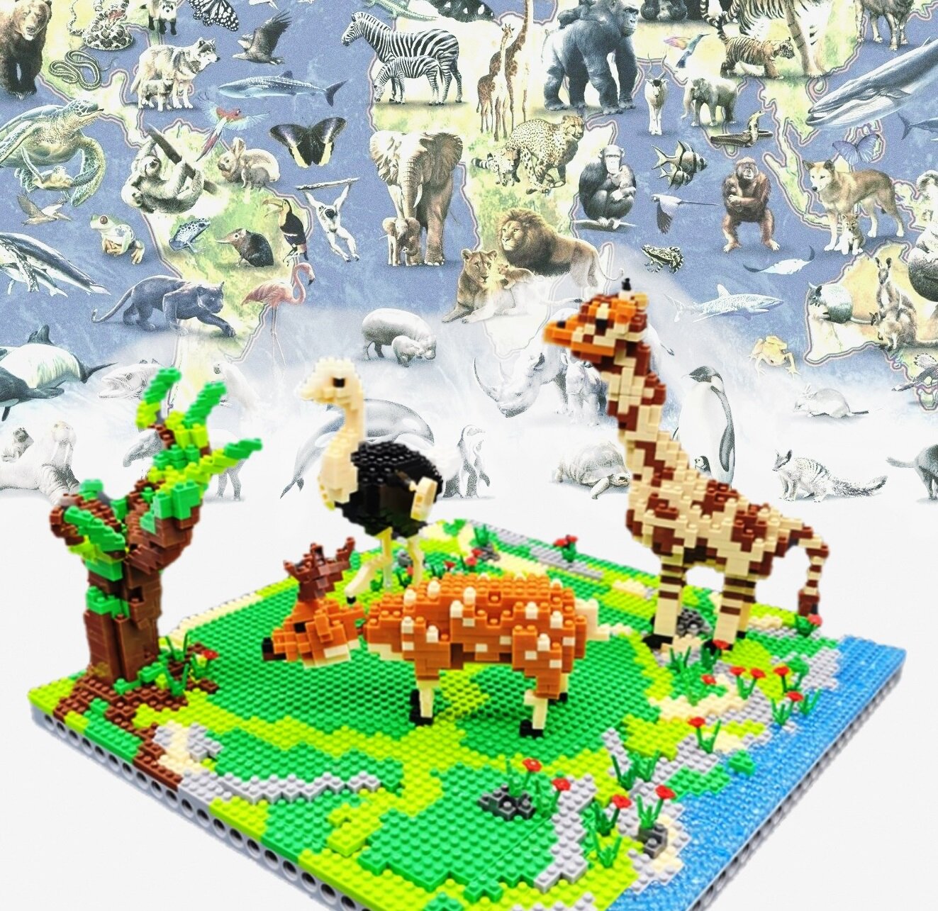 Конструктор 3D из миниблоков RTOY В мире животных жираф, страус и олень 2120 элементов - JM6629