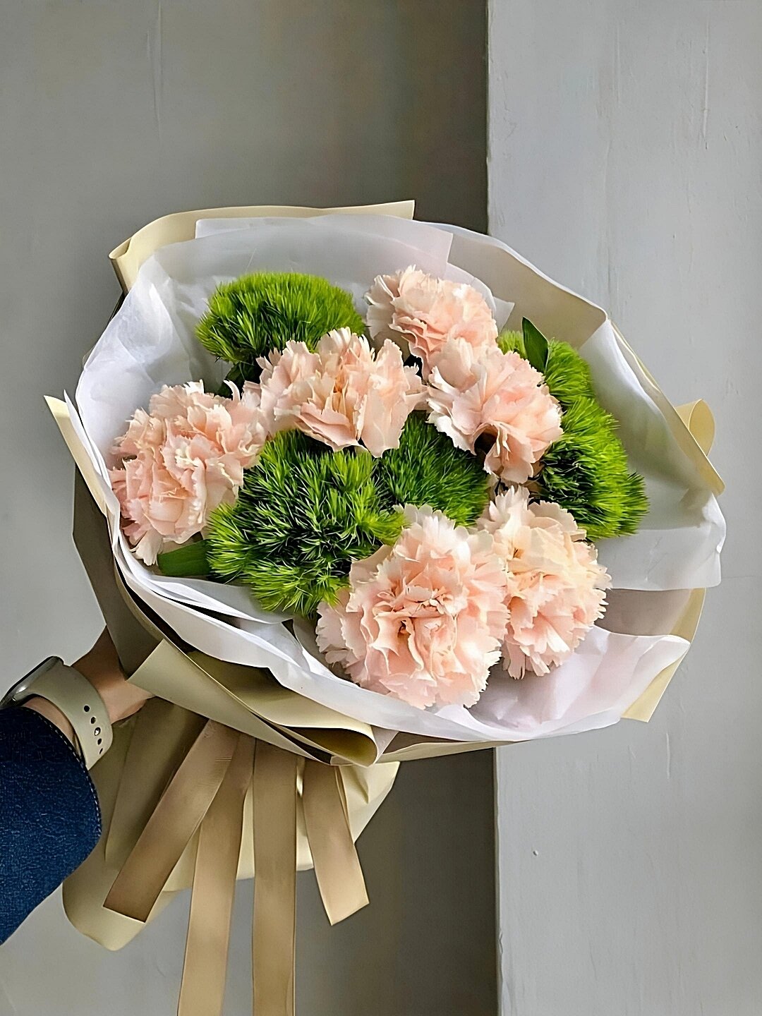 Букет цветов DIVAFLORA из 11 диантусов грин трик киви и розовых гвоздик, высота 50 см