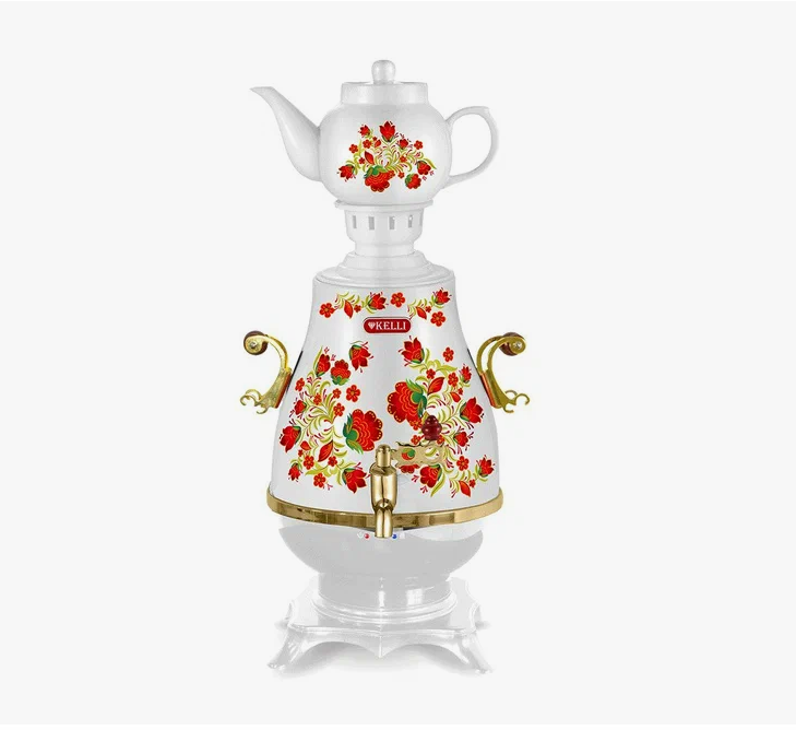Самовар KELLI KL-1321, электрический, 4л, 2200Вт, белый, с рисунком, со съемной крышкой