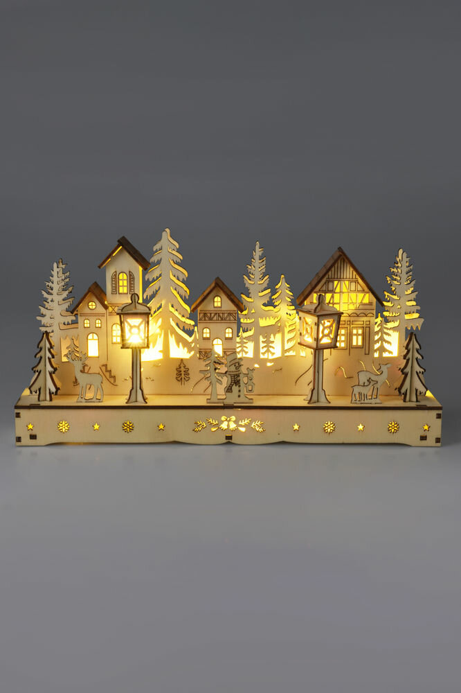 Декоративная светящаяся композиция городок 'рождественское настроение', дерево, 30х15 см, 10 тёплых белых LED-огней, батарейки, Koopman International AX5350360