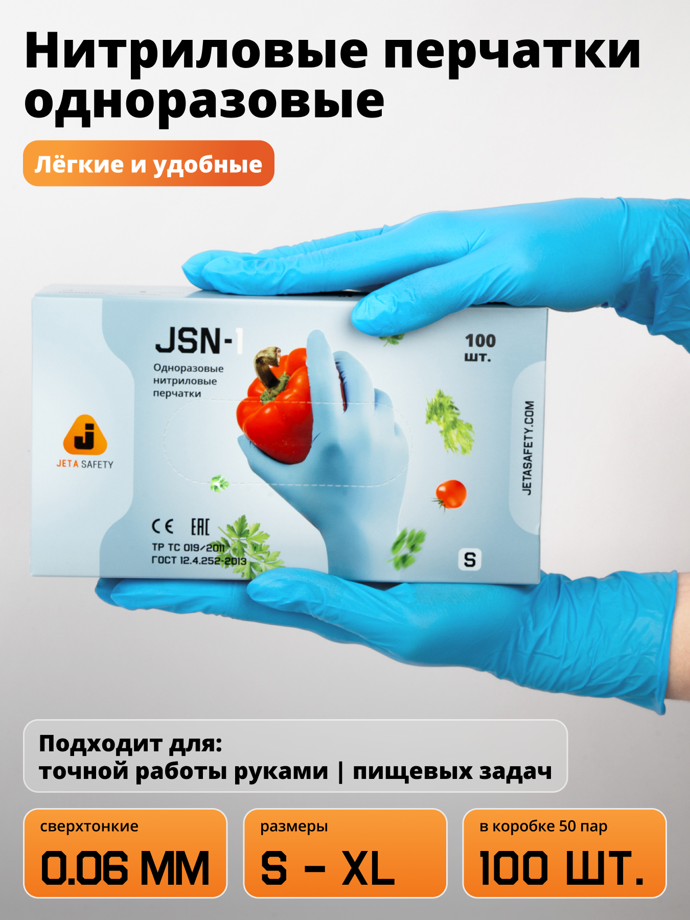 Универсальные нитриловые одноразовые перчатки Jeta Safety JSN1 (XL), голубые, - 50 пар.